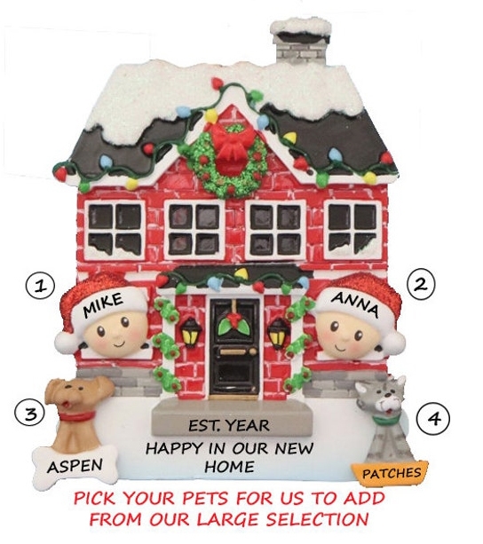 Personalized Couple House Christmas Ornament W/ 2 Dogs Cats or Bunnies